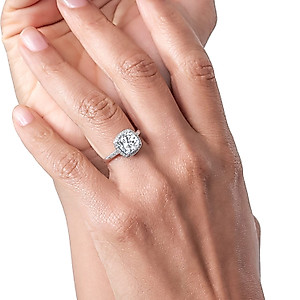 Gem Stone King 10K White Gold Cushion Cut 8MM Gemstone Birthstone and Accent Diamonds Halo Engagement Ring For Women | Wedding Anniversary Promise Ring For Women | Available In Size 5, 6, 7, 8, 9