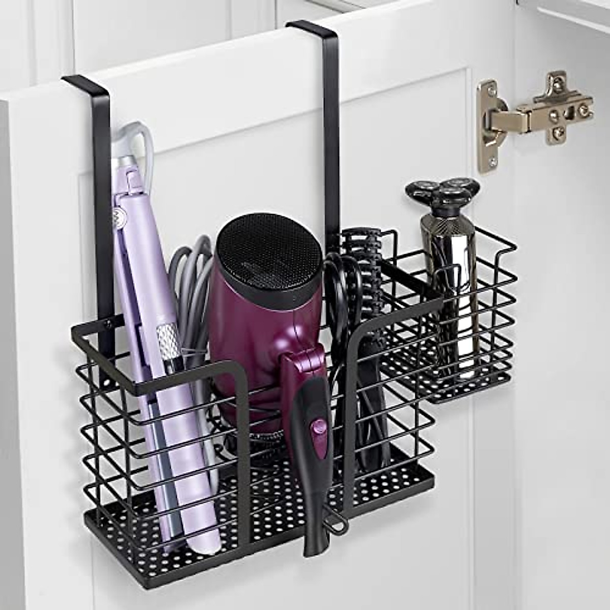 RedCall Hair Tool Organizer with Additional Basket,Hanging Metal Hair Dryer Holder Storage Cabinet Door Countertop Stand,Blow Dryer Holder Wall Mount,Hot Tools Organizer Bathroom Curling Iron Holder