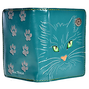 Shag Wear Women's PU Vegan Leather Colorful Slim Trendy Small Bifold Wallet with 4 Credit Card Slots, 1 Zippered Coin Pocket, and Clear ID Window (Green Eyed Kitty Teal)
