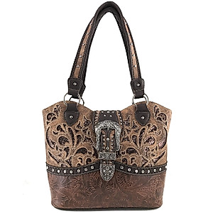 Justin West Tooled Laser Cut Leather Floral Embroidery Rhinestone Buckle Studded Shoulder Concealed Carry Tote Style Handbag Purse (Brown Brown Purse)