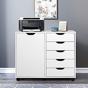 Giantex Drawers Cabinet Mobile Lateral Filing Organizer with 5 Drawers,1 Side Cabinet and Wheels Mobile Chest for Home Office Storage Use Dresser (31”x 15.5” x 25.5”, White)