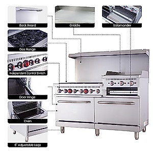 EASYROSE 60 Inch Gas Range 6 Burner Heavy Duty Ranges With Griddle, Salamander & 2 Ovens, Commercial Range for Kitchen Restaurant - 276,000 BTU, ETL Certified
