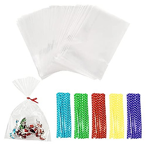 Newkita 100PCS Small Cellophane Bags, 5x7 Clear Gift Rice Crispy Candy Cake Pop Party Favor Bags with 4’’ Ties Christmas Thanksgiving Halloween Treat bags