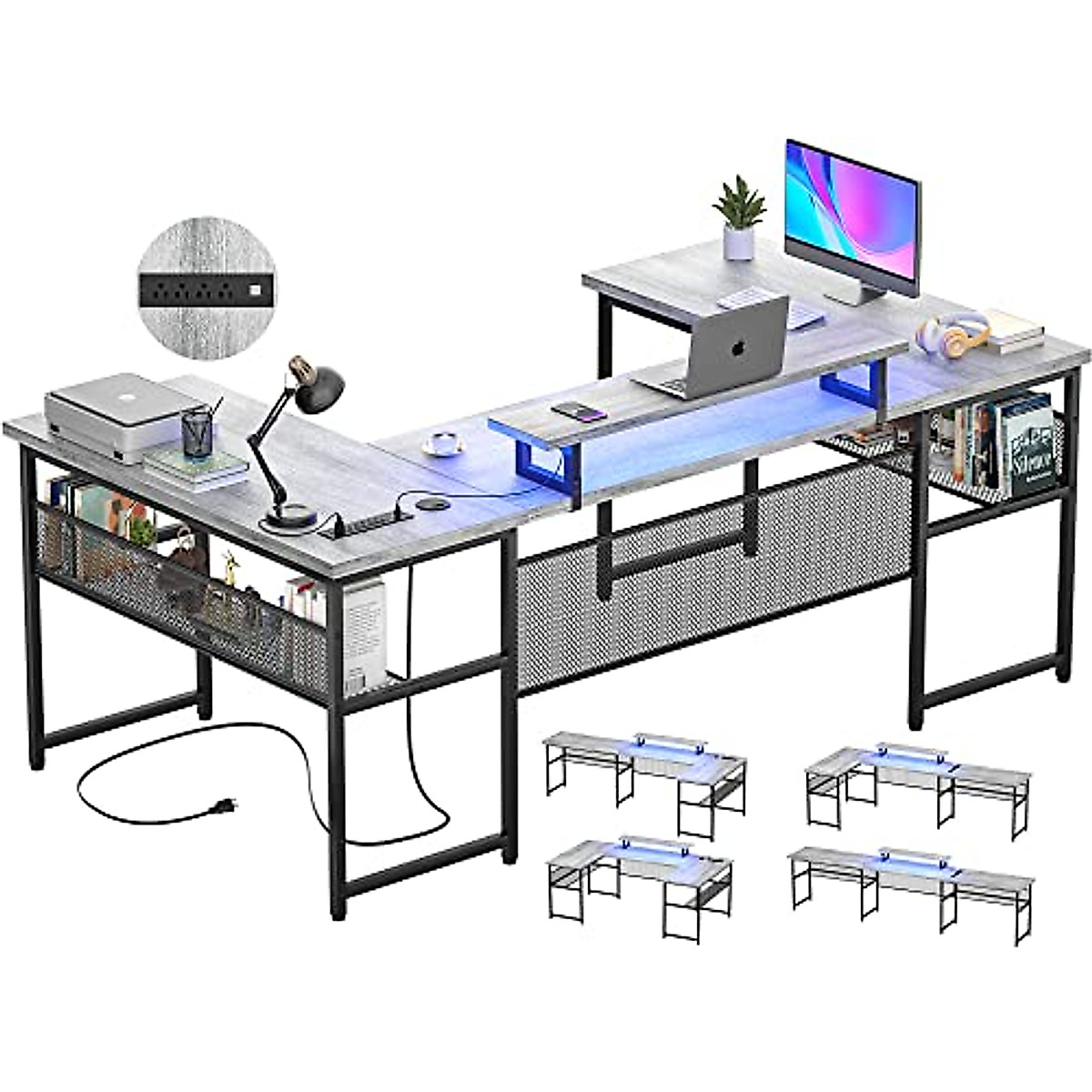 Unikito U Shaped Computer Desk with Power Outlet and LED Strip, Reversible L Shaped Office Desk with Monitor Stand and Bookshelf, Modern U- Shape Corner Desk, 130 Inch 2 Person Gaming Table, White Oak