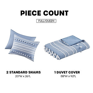 Urban Habitat Queen Duvet Cover Set Clipped Jacquard, Tufts Pompom Accent, Boho Duvet Covers, All Season Lightweight & Fluffy Bedding Cover, Matching Shams, Rowan, Full/Queen Blue 3 Piece