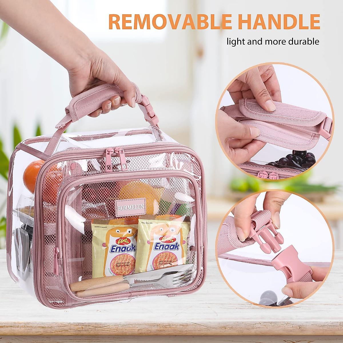 BORMELUN ® Large Pink Clear Lunch Bags for Girls,See Through Plastic Lunch Box，Tote Handle for Women,Office,School Picnic(11x9x6 inches)