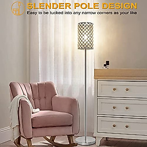 Crystal Floor Lamp, Modern Standing Lamp with Elegant Shade, LED Floor Lamp with On/Off Foot Switch, Silver Finish Tall Pole Lamp Accent Light for Living Room, Girl Bedroom, Dresser, Office (E26 Base)