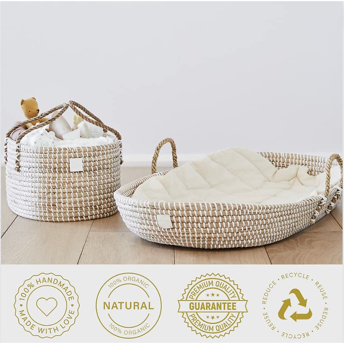 BEBE BASK Premium Nursery Bundle - Matching Baby Changing Basket & Baby Diaper Caddy Organizer - Handmade & Organic