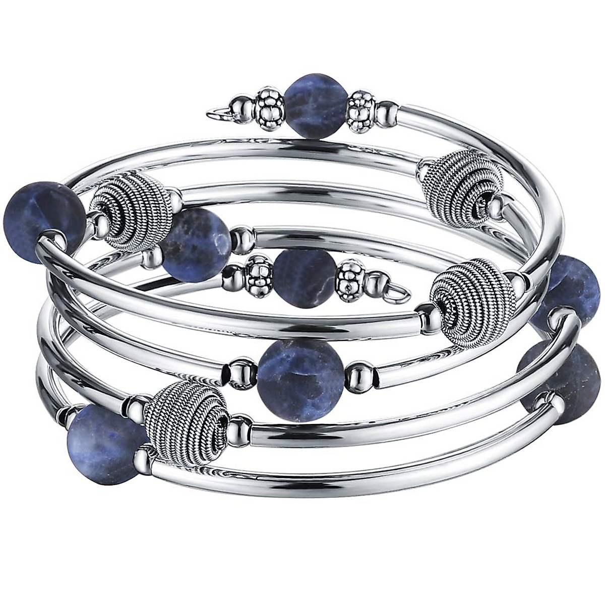 PEARL&CLUB Beaded Chakra Bangle Turquoise Bracelet - Fashion Jewelry Wrap Bracelet with Thick Silver Metal and Mala Beads, Birthday Gifts For Women (63-Navy Blue)