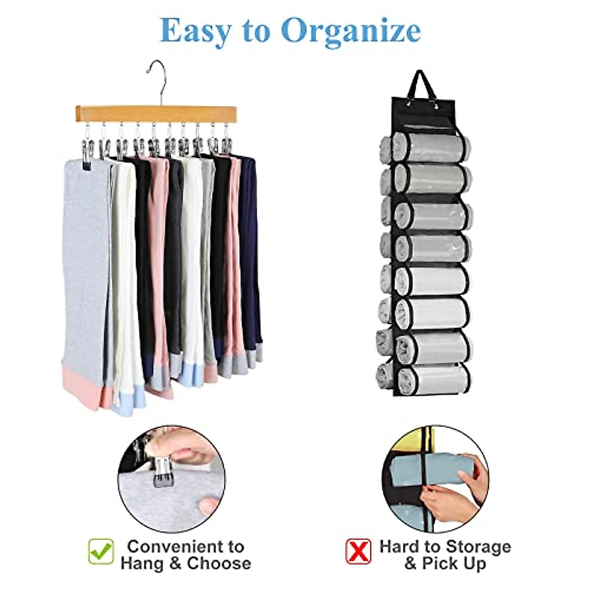 Resovo Upgrade Legging Organizer, 2 Pack Wooden Legging Storage Organizer Space Saving 20 Metal Hooks Closet Organizer and Storage for Leggings, Pants, Skirts etc.