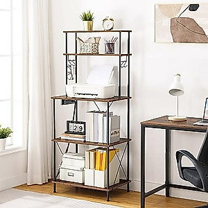 HOOBRO Bakers Rack with Power Outlets, Coffee Bar, Microwave Stand with S-Hooks, Kitchen Storage Rack for Kitchen, Entrance, Living Room, Dining Room, Office, Rustic Brown and Black BF80UHB01