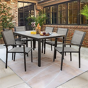 Rankok 7 Piece Patio Dining Set Outdoor Furniture Set with Weather Resistant Table and 6 Stackable Textilene Chairs for Garden, Yard, Garden and Poolside (Gray)