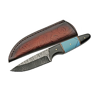 Szco Supplies 7.5" Horn/Turquoise Handle Damascus Steel Outdoor Hunting Knife with Sheath