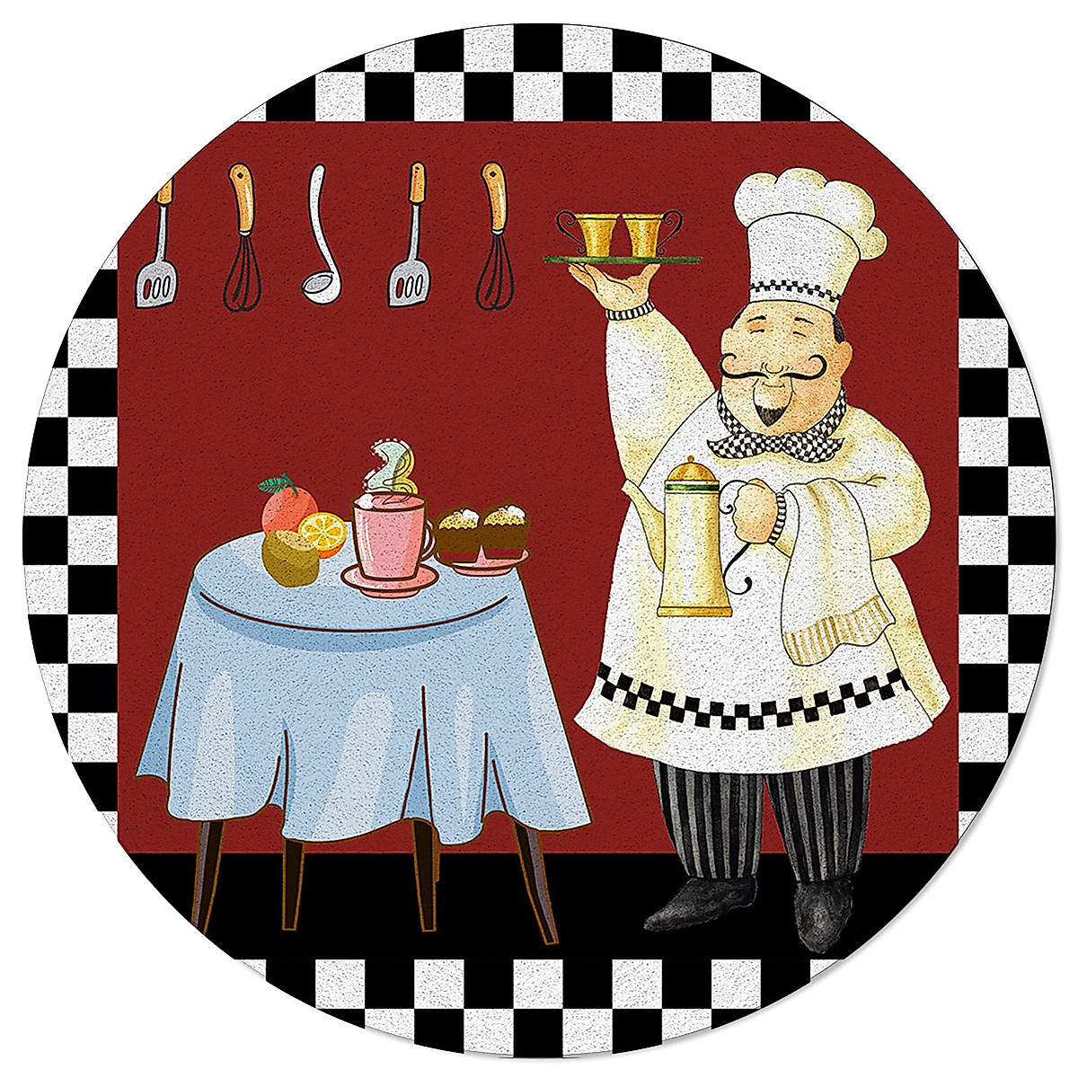 Kitchen Coke Coffee Chefs Round Area Rugs Collection 3', Rustic Black and White Buffalo Plaid Indoor Circular Throw Runner Rug Floor Mat Carpet for Living Room Dining Table Bedroom Nursery Decor