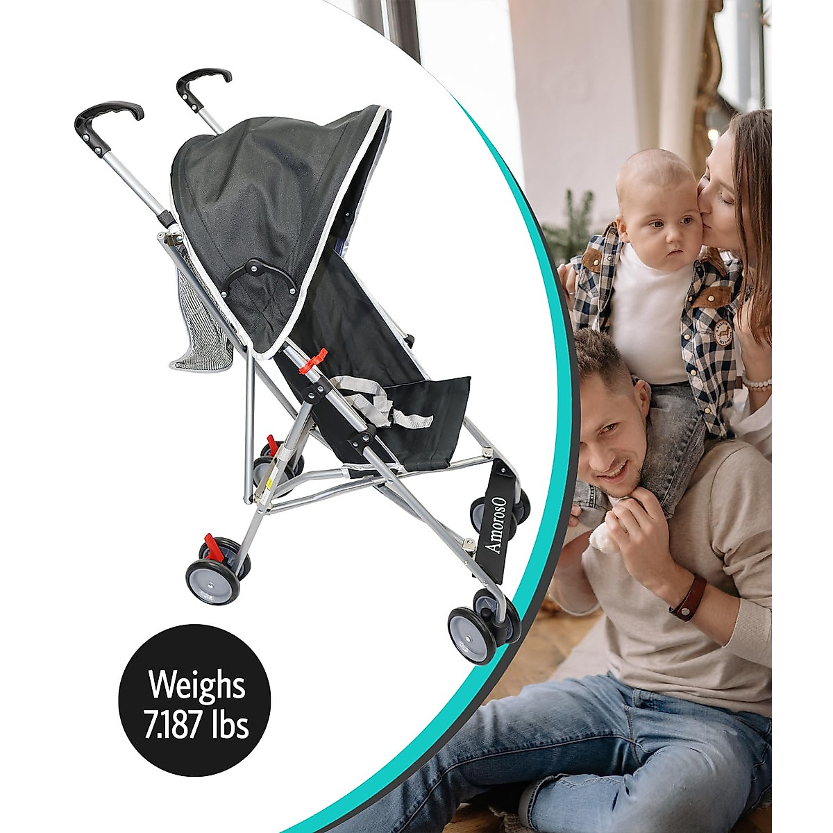 AmorosO Single Umbrella Stroller for Toddler, Travel Stroller for Babies - Sunlight and Light Rain Protection - Baby Stroller with Four EVA Wheels - Travel-Ready Stroller - Round Canopy (Black/White)