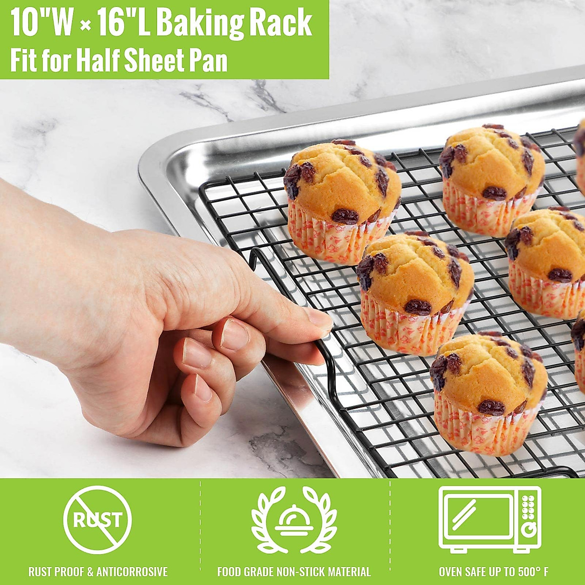 HULISEN Cooling Rack 2 Pack - 16" x 10", Nonstick Baking Rack with Handle fits Half Sheet Pan, Cookie Cooling Racks for Baking and Cooking, Wire Smoker Racks for Grilling, Oven Safe