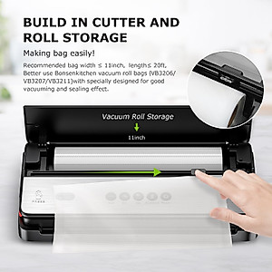 Bonsenkitchen Vacuum Sealer Machine, Multi-Functional Food Sealer, Built-in Cutter & Bag Storage, Globefish Technology for High-Speed Continuous Working, Food Vacuum Sealer with Vacuum Bags & Roll Bag