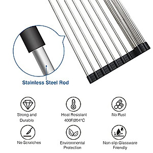 Chixapopimo Roll up Dish Drying Rack Retractable 11" to 20" x 13'' Foldable Rolling Dish Drainer Over The Sink Drying Rack SUS304 Stainless Steel Sink Rack for Kitchen Counter of Various Sizes