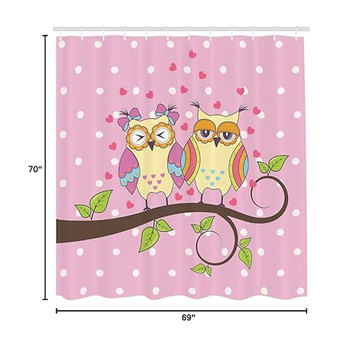 Ambesonne Owls Shower Curtain, Owls in Love on Branch Polkadots Leaves Hearts Romance Theme, Cloth Fabric Bathroom Decor Set with Hooks, 69" W x 70" L, Pale Yellow Apple Green