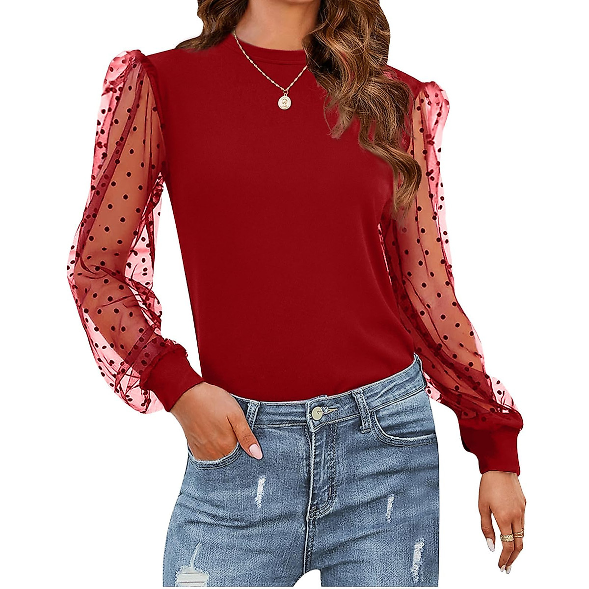 Womens Long Sleeve Tops Winter Crewneck Fashion Polka Dots Sheer Mesh Red L