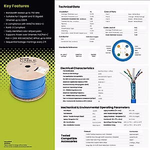 trueCABLE Cat6A Shielded Riser (CMR), 1000ft, Blue, 23AWG Solid Bare Copper, 750MHz, PoE++ (4PPoE), ETL Listed, Overall Aluminum Foil Shield (F/UTP), Bulk Ethernet Cable