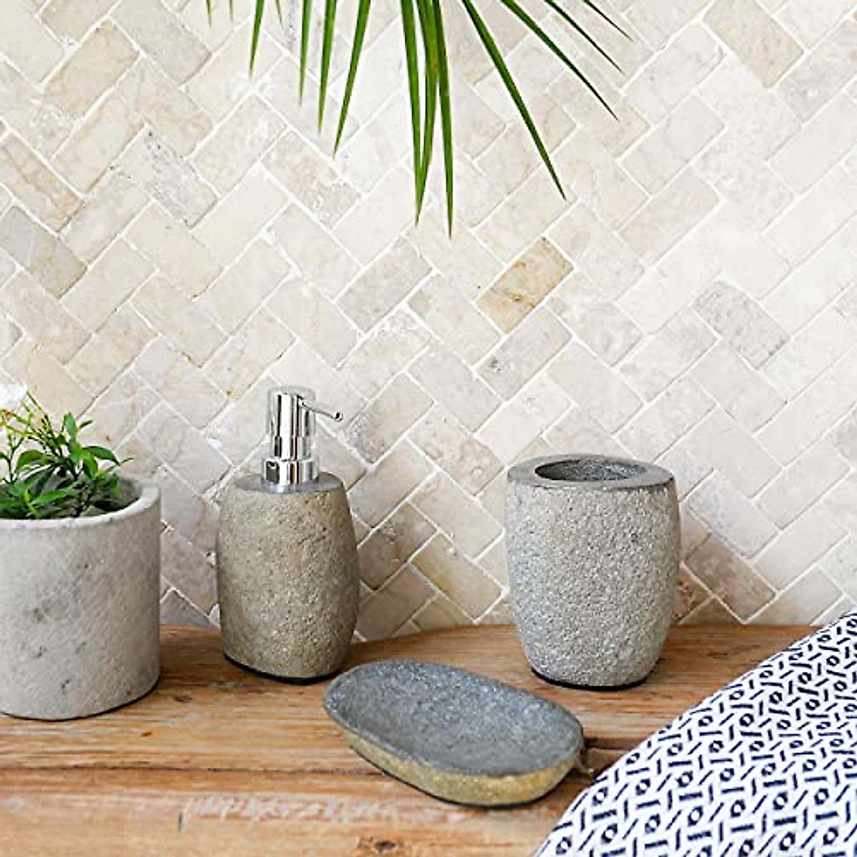 Joglo Living - River Stone Bathroom Accessories Set, Natural Stone Hand soap Dispenser with Bronze or Silver Pump, Toothbrush Holder, soap Dish (Silver Pump), Grey