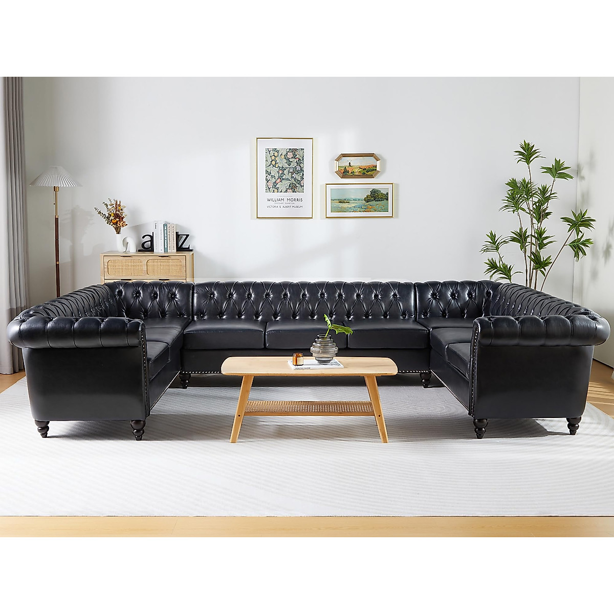 U Shaped Large Sectional Sofa, Chesterfield Leather Faux Couch Tufted Accent Sofa with Scroll Arms and Nailhead for Living Room, Office