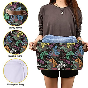 Joysticks Gamepad Grunge Fabric Storage Bin for Organizing Basket for Shelves Closet Nursery Toy Collapsible Storage Cubes Box with Leather Handle