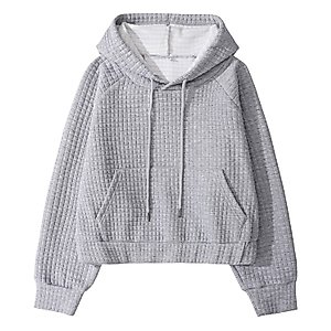 Gihuo Hoodies for Women Casual Waffle Cropped Sweatshirt Long Sleeve Drop Shoulder Drawstring Pullover Trendy Tops 2 Pockets (LightGrey-M)