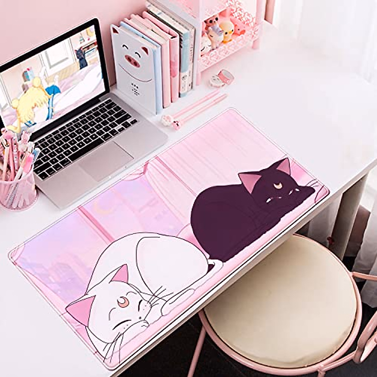 Desk Pad Pink Anime White Cat Black Cat Gaming Mouse Pad Large, Desk Office Decor Exclusive Beautiful Girls Mouse Pad for Women Desktop with Stitched Edges Non-Slip Rubber Computer Mat 31.5x15.7 in