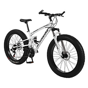 Fat Tire Mountain Bike, 26'' 21 Speed Outdoor Snow Beach Hybrid MTB Racing Bikes for Adult Women Men, Comfort Complete Cruiser Bicycle, Lightweight City Commuter Road Cycling, Dual Disc Brakes (F)
