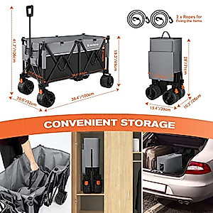 Raynesys Collapsible Wagons Heavy Duty Folding Beach Carts with Big All-Terrain Wheels, Utility Lounge Wagon Garden Cart with 200L Capacity for Outdoor, Sports, Shopping, Camping, Black