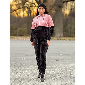 HOTOUCH Track Suits for Women Set 2 Piece Velour Sweatsuit Set Color Block Velvet Sweatshirt and Jogger Set Outfit Pink M