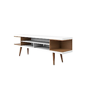 Manhattan Comfort Utopia Collection Mid Century Modern TV Stand With Open 3 Open Shelves and Two Open Cubbies, White/Wood