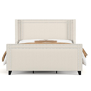 Jocisland Queen Size Bed Frame, Chenille Upholstered Platform Bed with Wingback Headboard & Footboard, Nailhead Trim, No Box Spring Needed, Cream