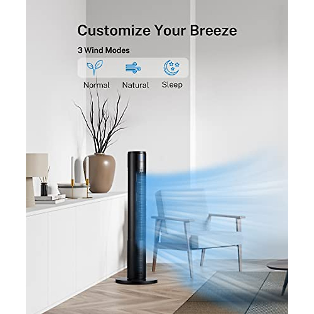 MEPTY Tower Fan with Remote, 36’’ Oscillating Fan with 3 Speeds,3 Modes,Portable Standing Floor Fan with Timer,Quiet Cooling Fan,Bladeless Fan for Bedroom,Office,Living Room,Black