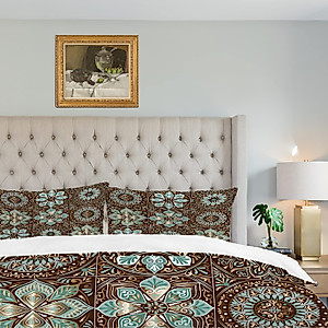 Shrahala Colorful Floral Mandala Duvet Cover Set Twin Size, Boho Chic Blue and Black Vintage 3 Pieces Soft Brushed Duvet Covers with Button Closure, 100% Cotton (No Comforter)