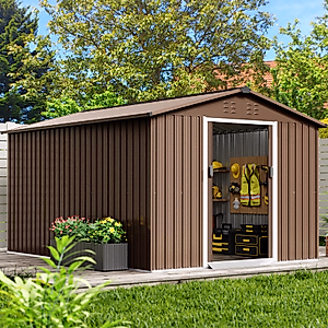 Agrestem 15 x 8 FT Outdoor Storage Garden Shed, Metal Storage Shed with Lockable Door Design, Water-Resistance & UV-Resistance Metal Sheds for Patio Garden Lawnmowers, Brown