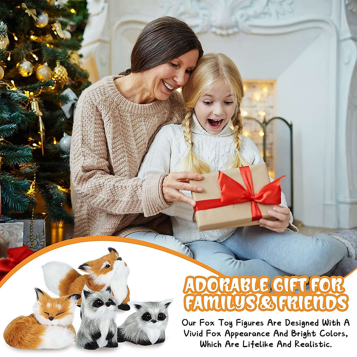 Deekin 4 Pcs Mini Simulation Fur Toy Christmas Animal Decoration Cute Furs Plush Raccoon Fox Squatting Sleeping Animals World with Static Action Figures for Home Office Desktop Decor