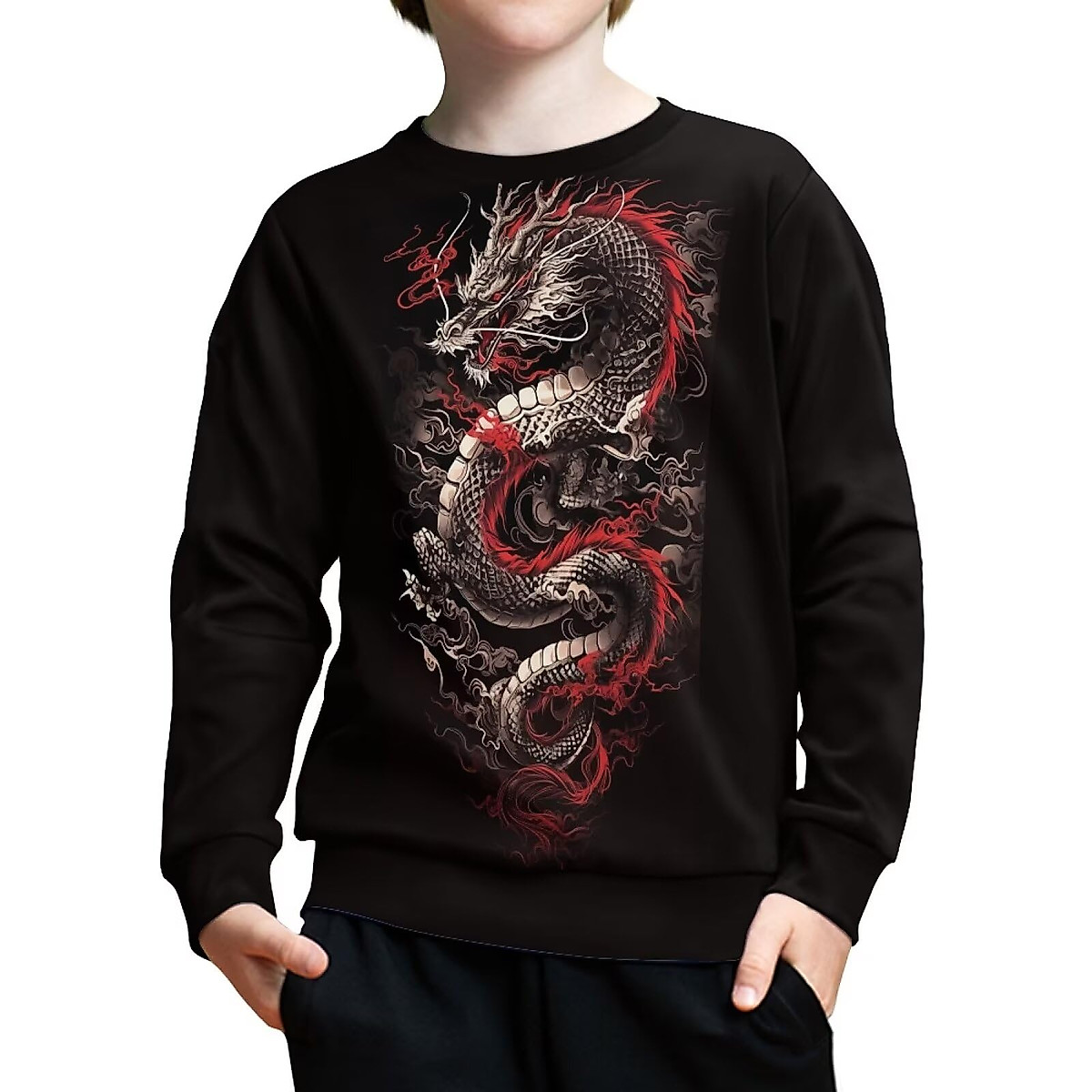 HUIACONG Cool Dragon Print Boys Shirts Fashion Long Sleeve Sweatshirts for Boy O-Neck T-Shirts Chinese Loong Graphic Kids Top for 8-10 Years Polo Shirt Novelty Children Teen Athletic Clothes