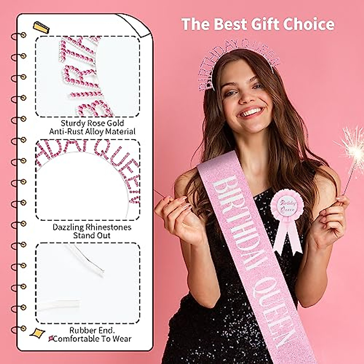 Birthday Crowns for Women, Pink Birthday queen Sash & Rose Gold Women's Birthday Hair Bands and Birthday Corsage Set, Queen Rhinestone Birthday queen Headband Birthday Gifts for Women, Sweet Happy Birthday Accessories (birthday queen Pink)