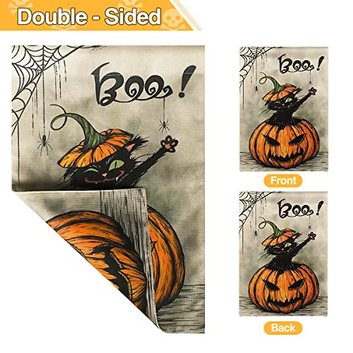 HOSCAPE Halloween Garden Flag 12.5 x 18 Inch Vertical Double Sided, Pumpkin Spider Cat Boo Halloween Flags Burlap Small House Yard Flag for Outdoor Indoor Decoration