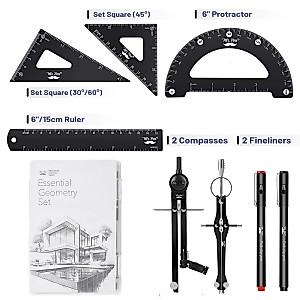 Mr. Pen- Professional Geometry Set, 15pcs, Black Geometry Kit for Artists and Students, Geometry Set, Metal Rulers and Compasses, Drawing Tools, Drafting Supplies, Drafting Set, Drafting Tools and Kit