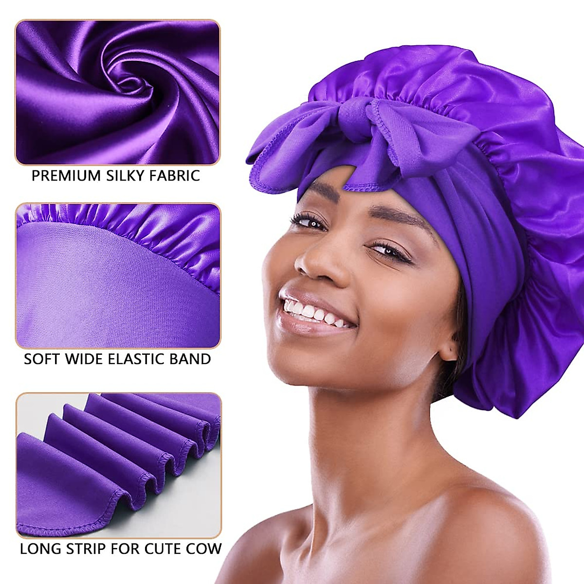 3pcs Satin Bonnets for Black Women, Large Silky Bonnet with Tie Band, Jumbo Braids Bonnet, A