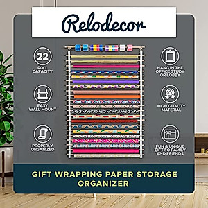 RELODECOR Gift Wrapping Paper Storage Organizer - 22 Rolls - Ribbons, Cellophane, Vinyl Rolls, Paper and Other Arts and Crafts Items Hanging Rack Dispenser, Easy Wall Mount Wrapper Storage