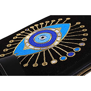 KarensLine Handmade Evil Eye Embroidery Black Jute Clutch Bag Sun Beach Summer Style, Medium