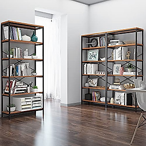 5 Tier Industrial Bookshelf, Vintage Standing Storage Shelf, Display Shelving Units, Tall Bookcase, Industrial Metal Book Shelves for Living Room Bedroom and Home Office