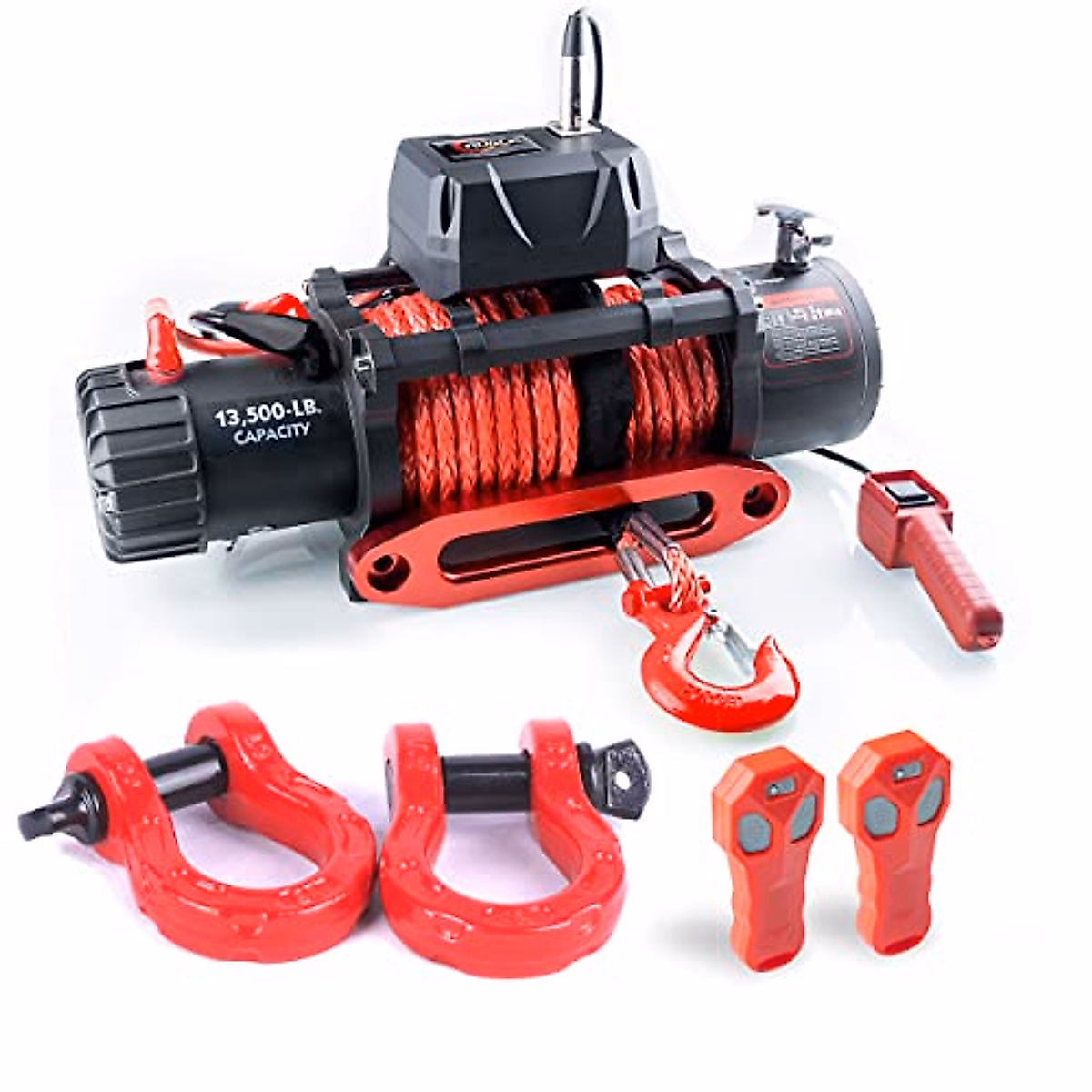 RUGCEL GRIPWAY 13500lb Waterproof Electric Black Synthetic Rope Winch with Hawse Fairlead, Wired Handle and 2 Wireless Remote