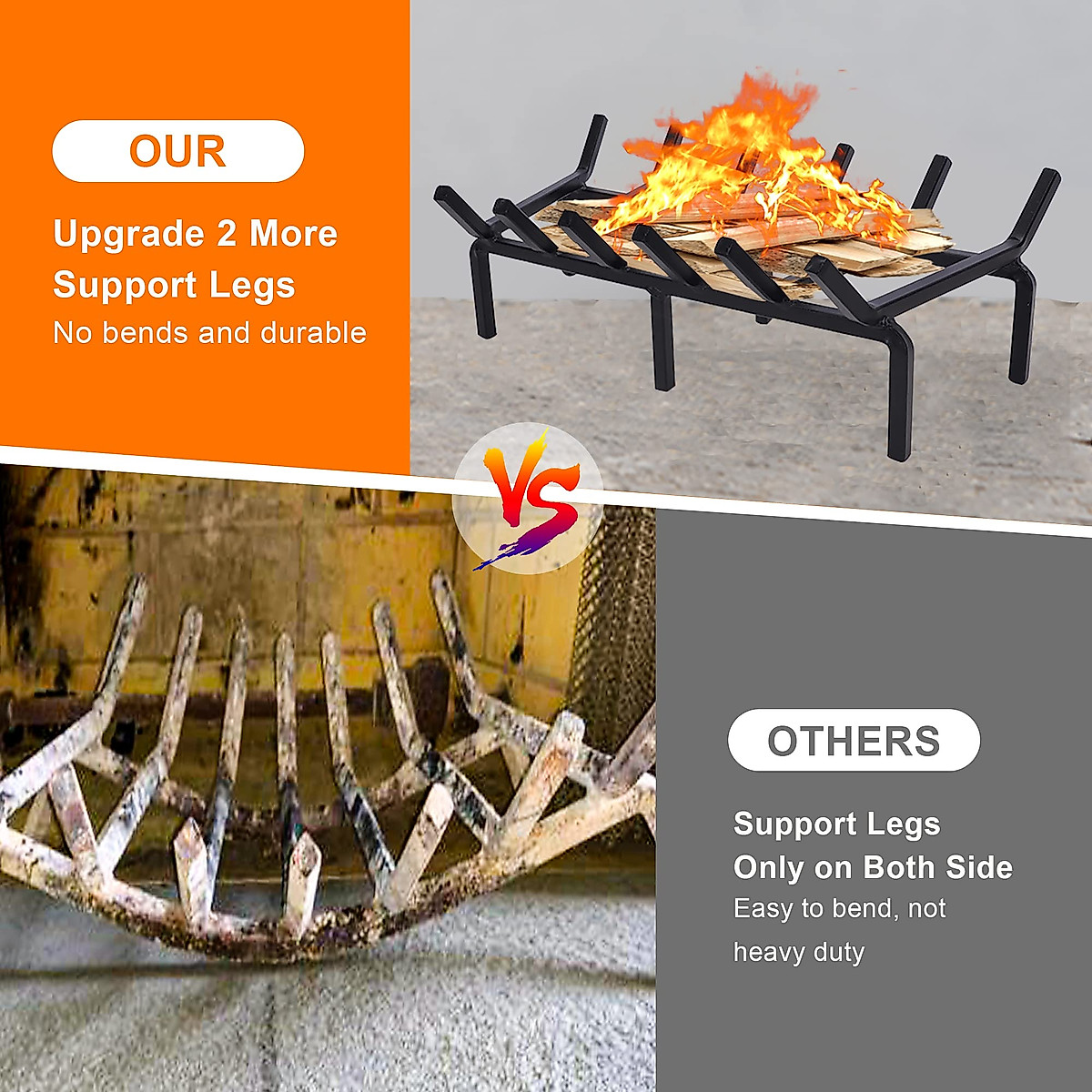 TwentyNext Fireplace Grate 20 Inch Heavy Duty Solid Steel Fire Grate Wood Log Rack Stove Firewood Holder for Indoor Hearth Outdoor Fire Pit Chimney Hearth Kindling Tool Fire Pit
