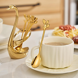 AnSaw Gold Small Coffee Spoon Holder Set,Swan Base With 10 Pcs Demitasse Espresso Spoons Set,4.7" Mini Leaf Dessert Spoon,Stainless Steel Tea Spoons